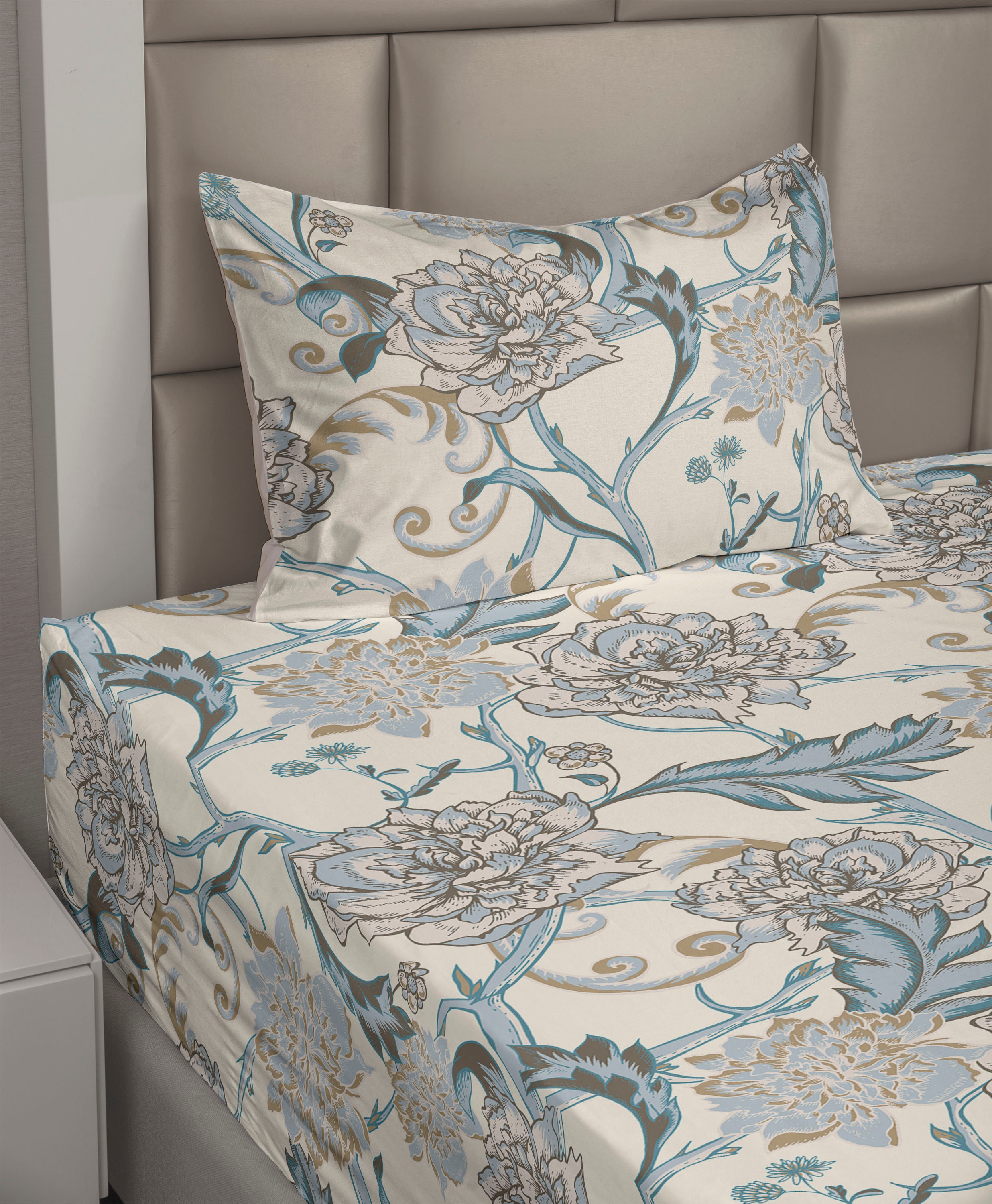 Ambesonne Floral Design Sheet Set Flowers Retro Leaves Cream Pale Azure ...