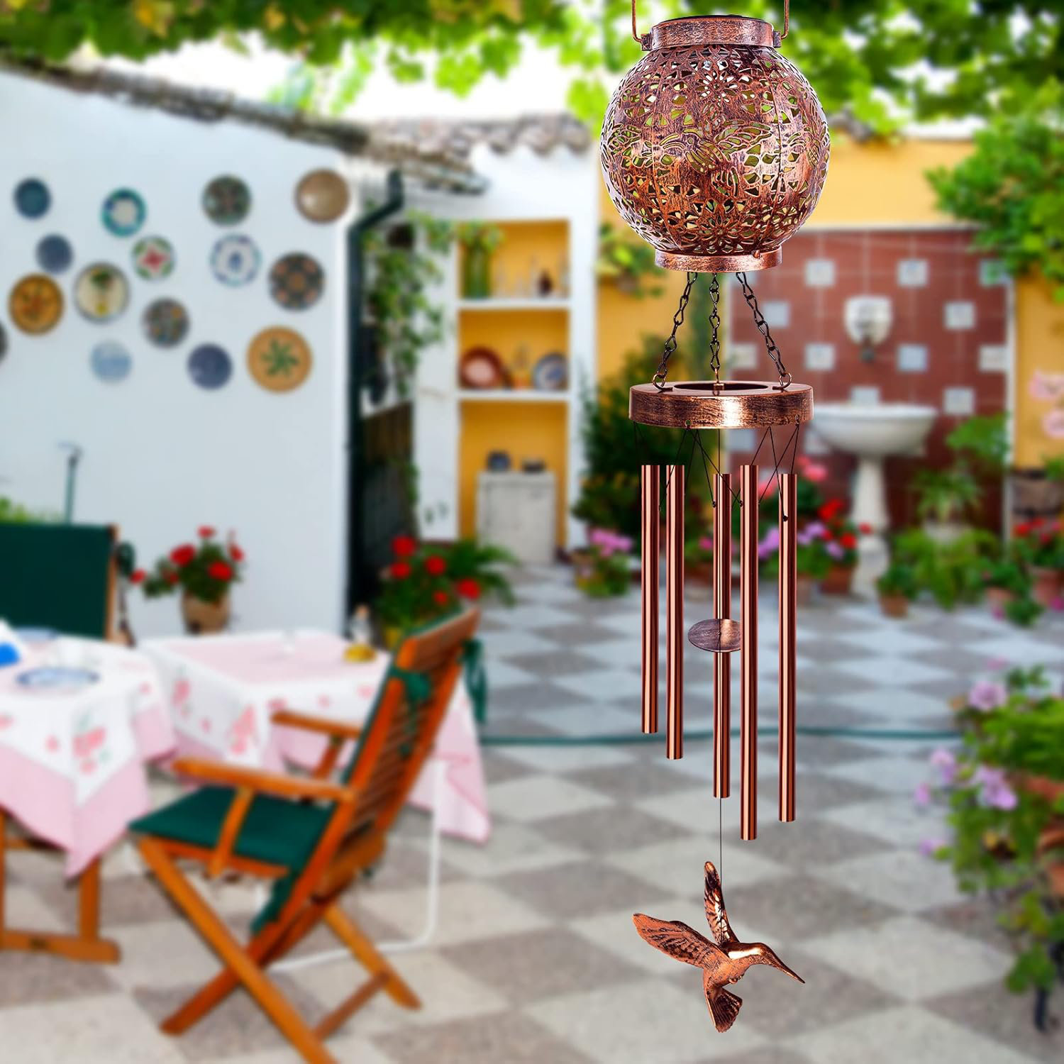 Arlmont & Co. 38" Hummingbird Solar Wind Chimes With LED Lantern ...