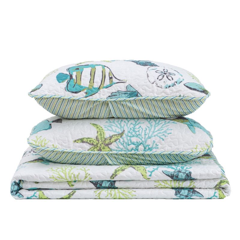 FreshFolds Blue / Green Fish & Seashell Quilt Set with Shams & Reviews ...