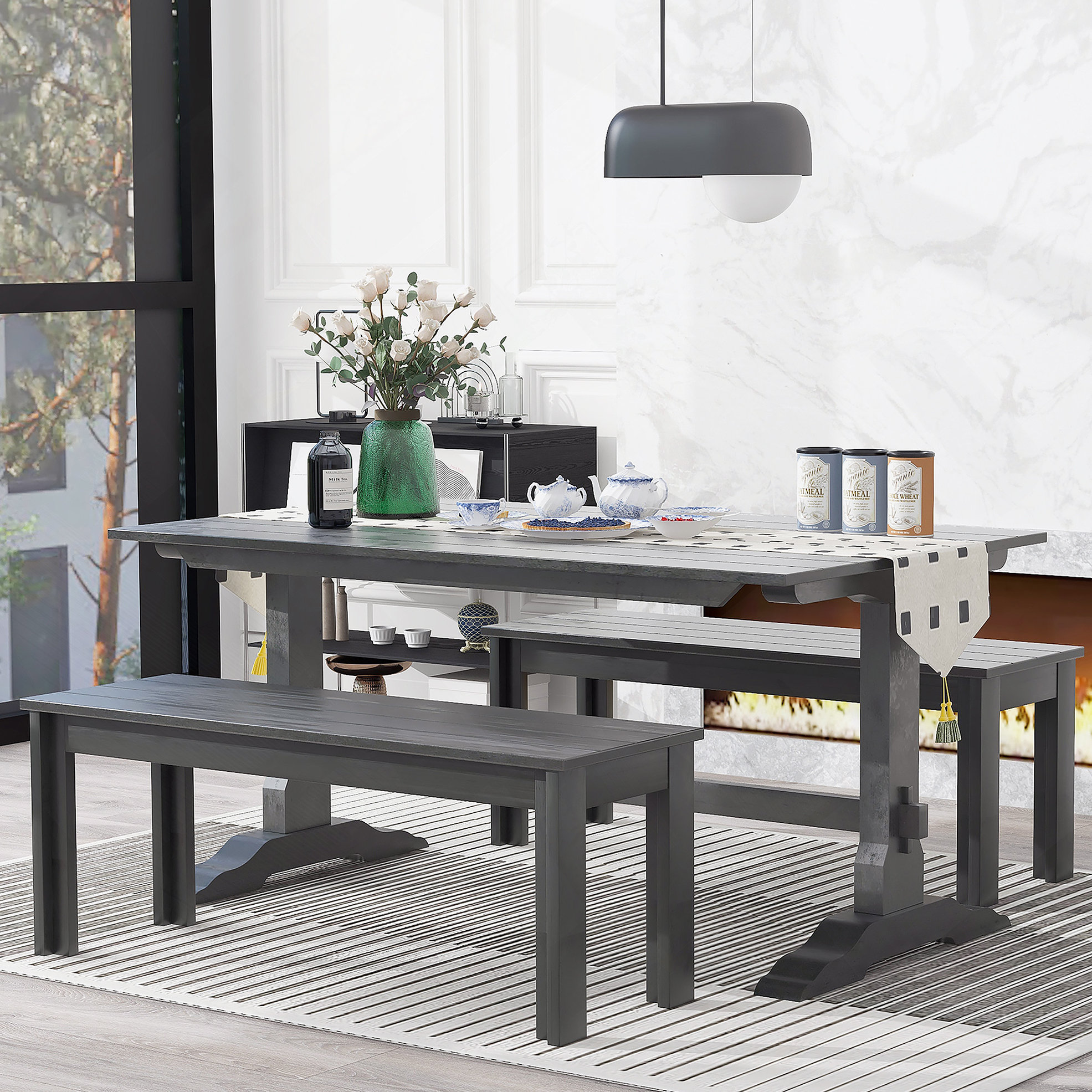 Lark Manor™ 3-Piece Retro Dining Set with Rectangular Trestle Table and ...