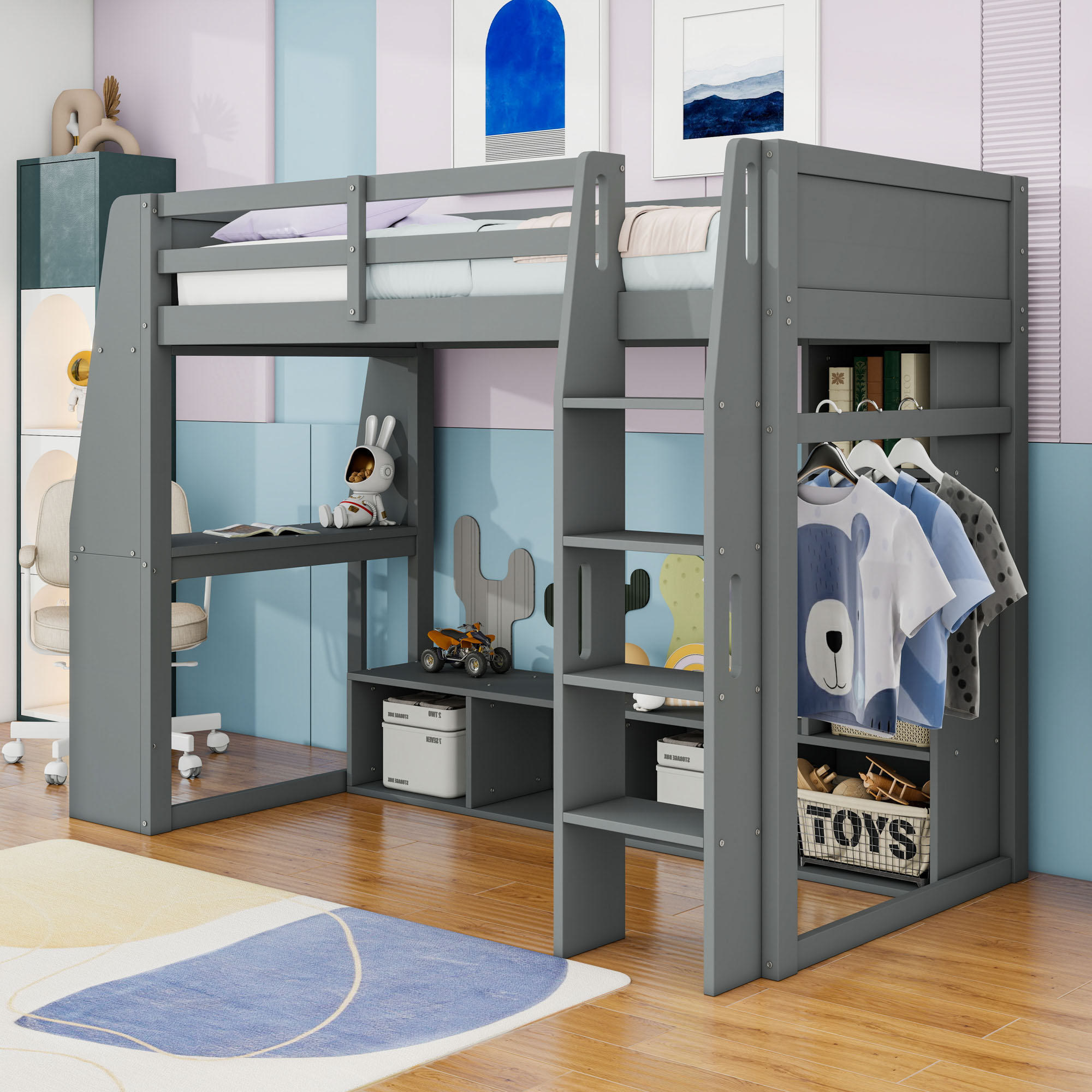 Harriet Bee Wooden Loft Bed With Desk And LED And Hanging Clothes Rack ...