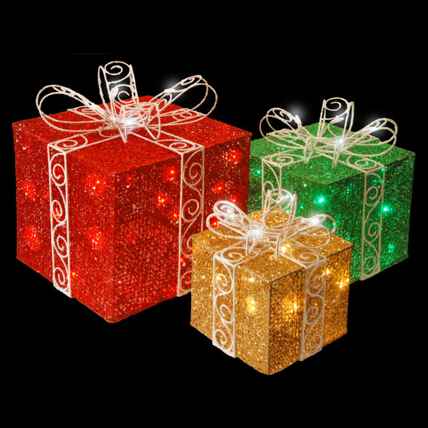 National Tree Company 3 Piece Pre-Lit Sisal Gift Box Lighted Display ...
