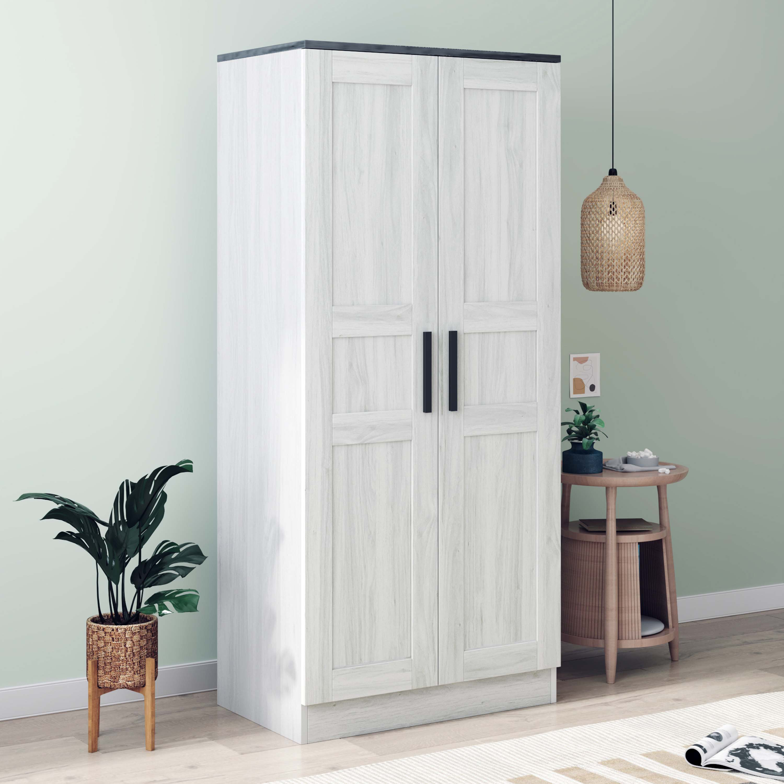 Millwood Pines 2-Door Wooden Wardrobe Armoire with LED and 4 Storage ...