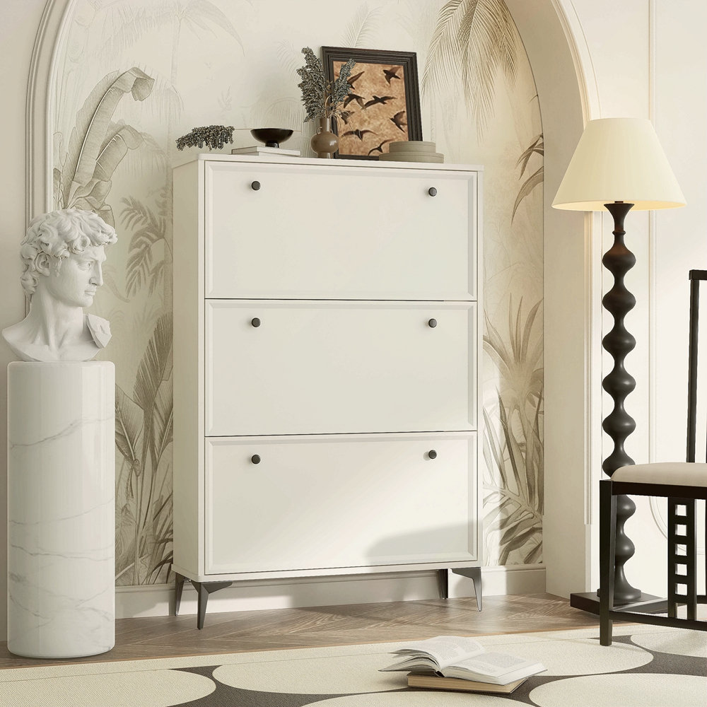 Latitude Run® Modern And Stylish White Shoe Cabinet With 3 Flip Drawers ...