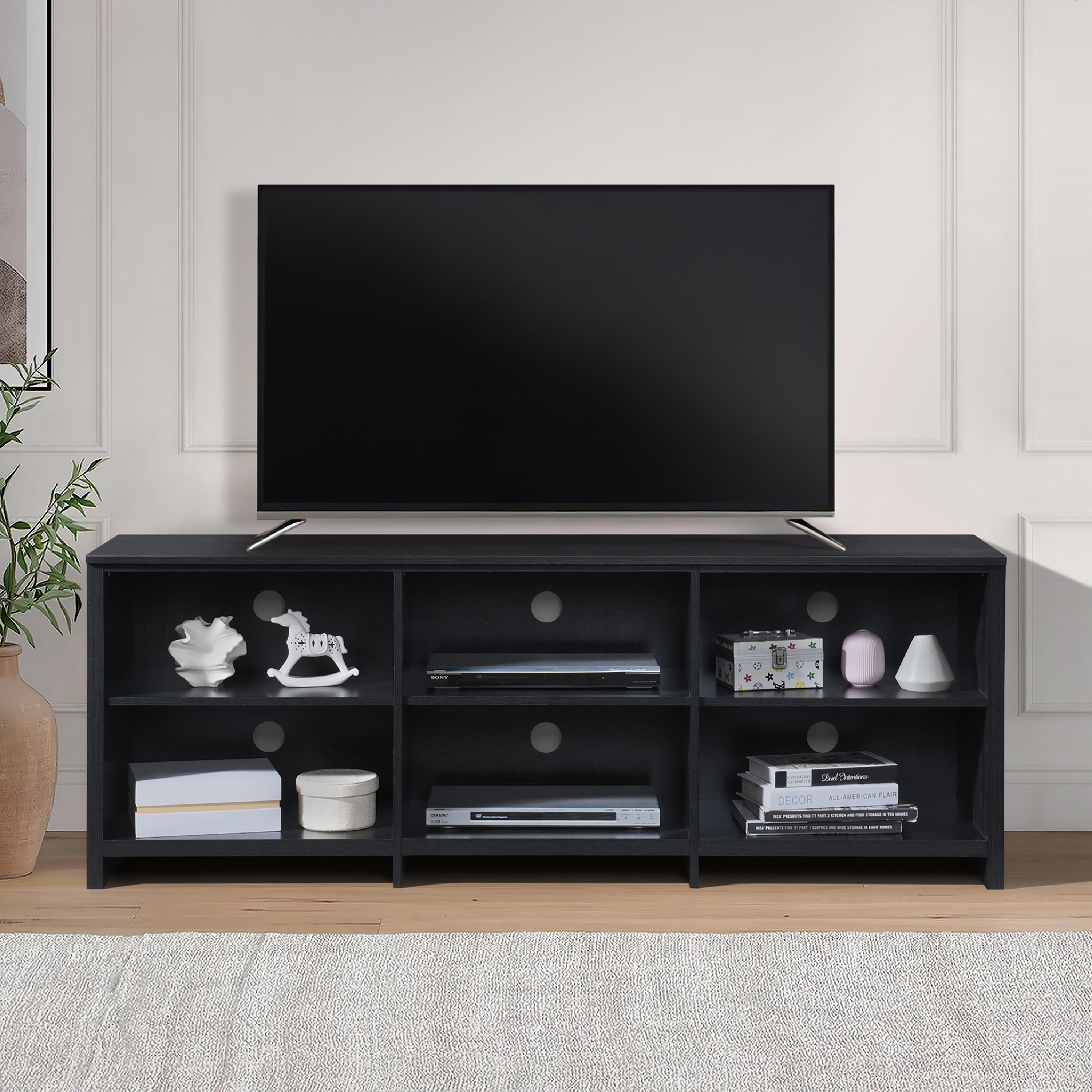 Ebern Designs 65 In. Wood Oak TV Stand With 6 Storage Shelves Fits TV's ...