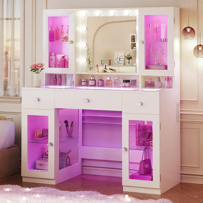 Wrought Studio™ 43" Large Makeup Vanity With Glass Top & Cabinet ...