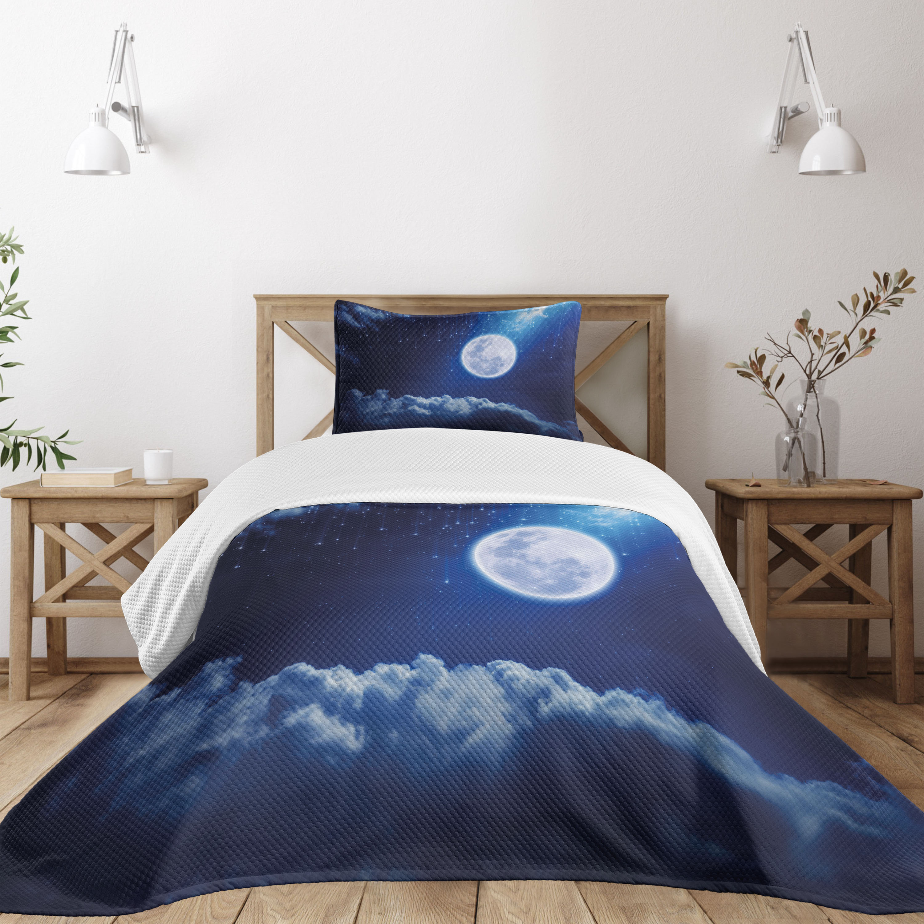 Ambesonne Moon Bedspread Set 2 Pcs Full Moon Falling Stars Twin Indigo ...