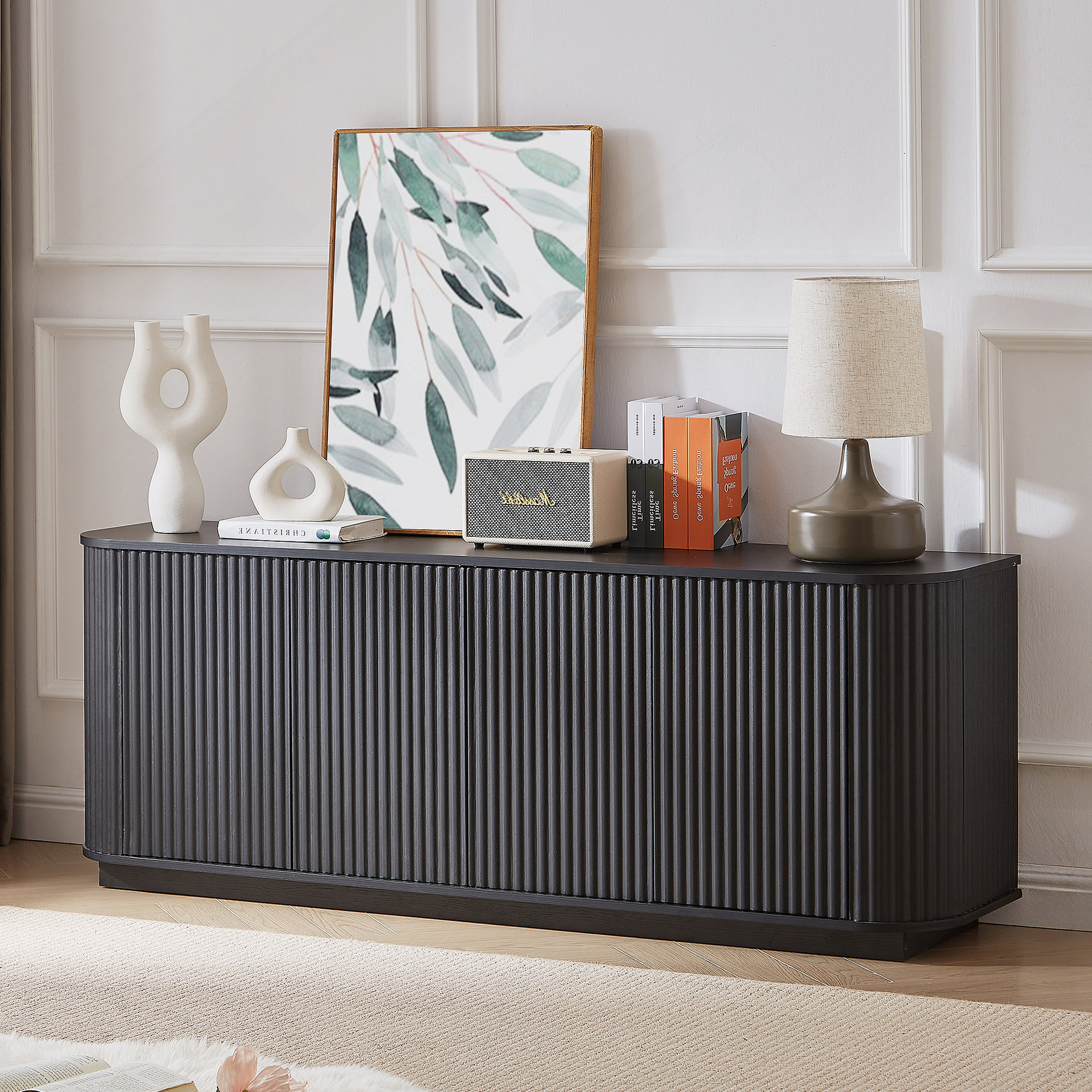 Ebern Designs Wave Patterned Sideboard Storage Cabinet TV Stand with Elegant Curved Edges for ...