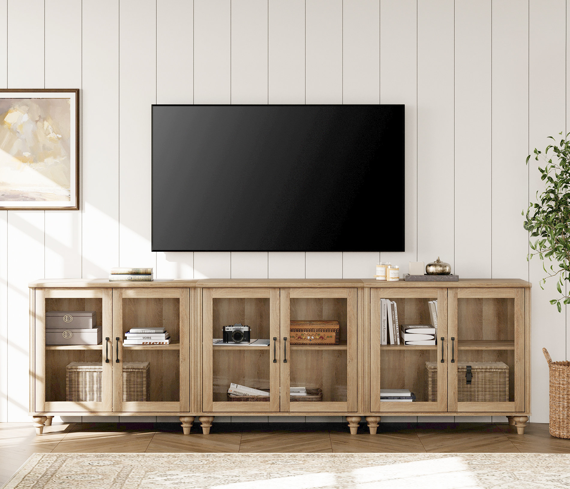 Alcott Hill® 100-Inch TV Stand, Wooden Farmhouse Entertainment Center ...