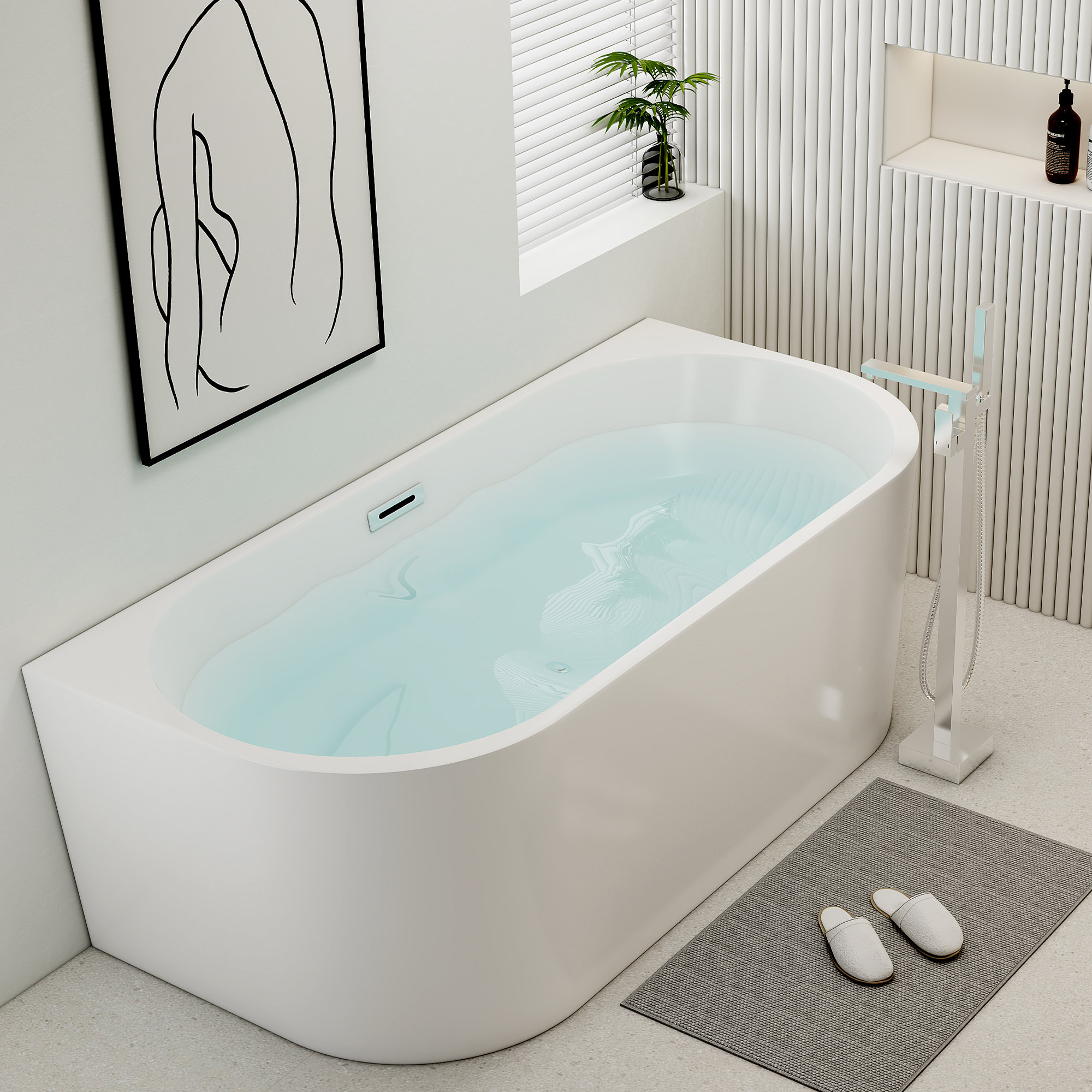 KDK HOME 59” Back to Wall Soaking Tub Luxury White Acrylic Freestanding ...