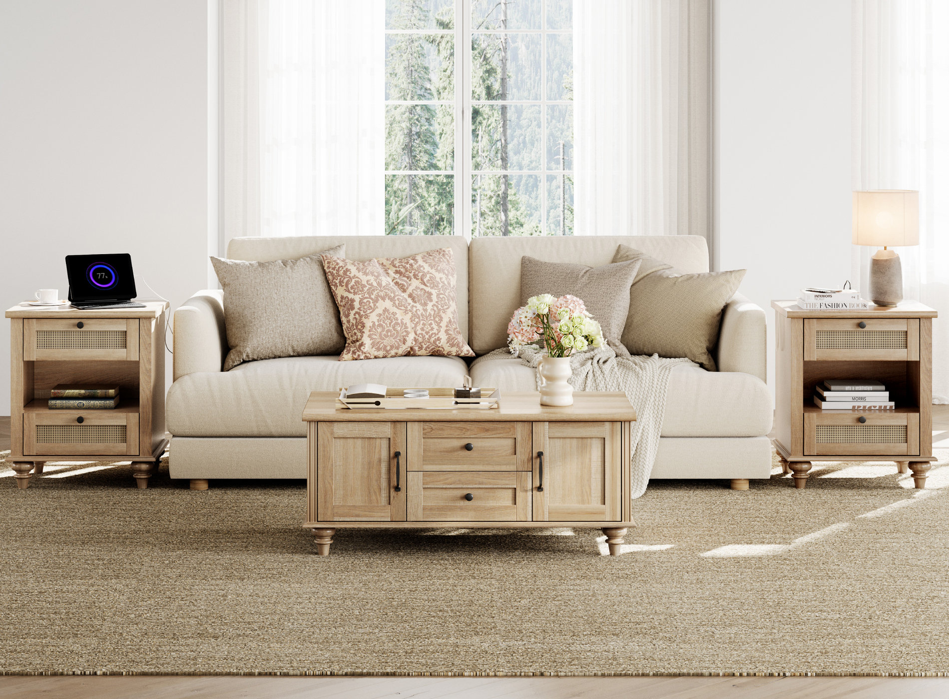 Alcott Hill® Oak 3 Piece Living Room Table Set, One Coffee Table, Set ...