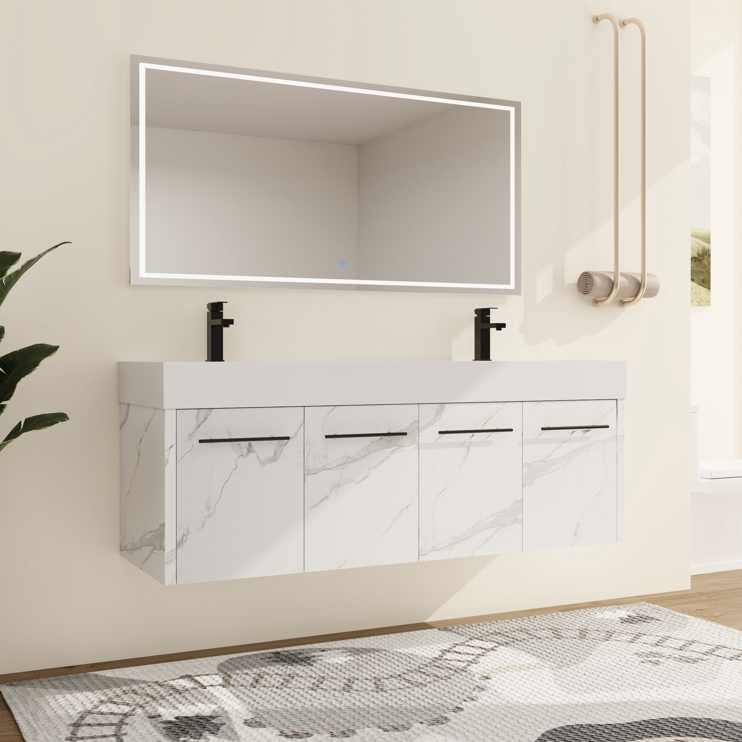 Ivy Bronx 60'' Wall-Mounted Double Bathroom Vanity With Resin Vanity ...