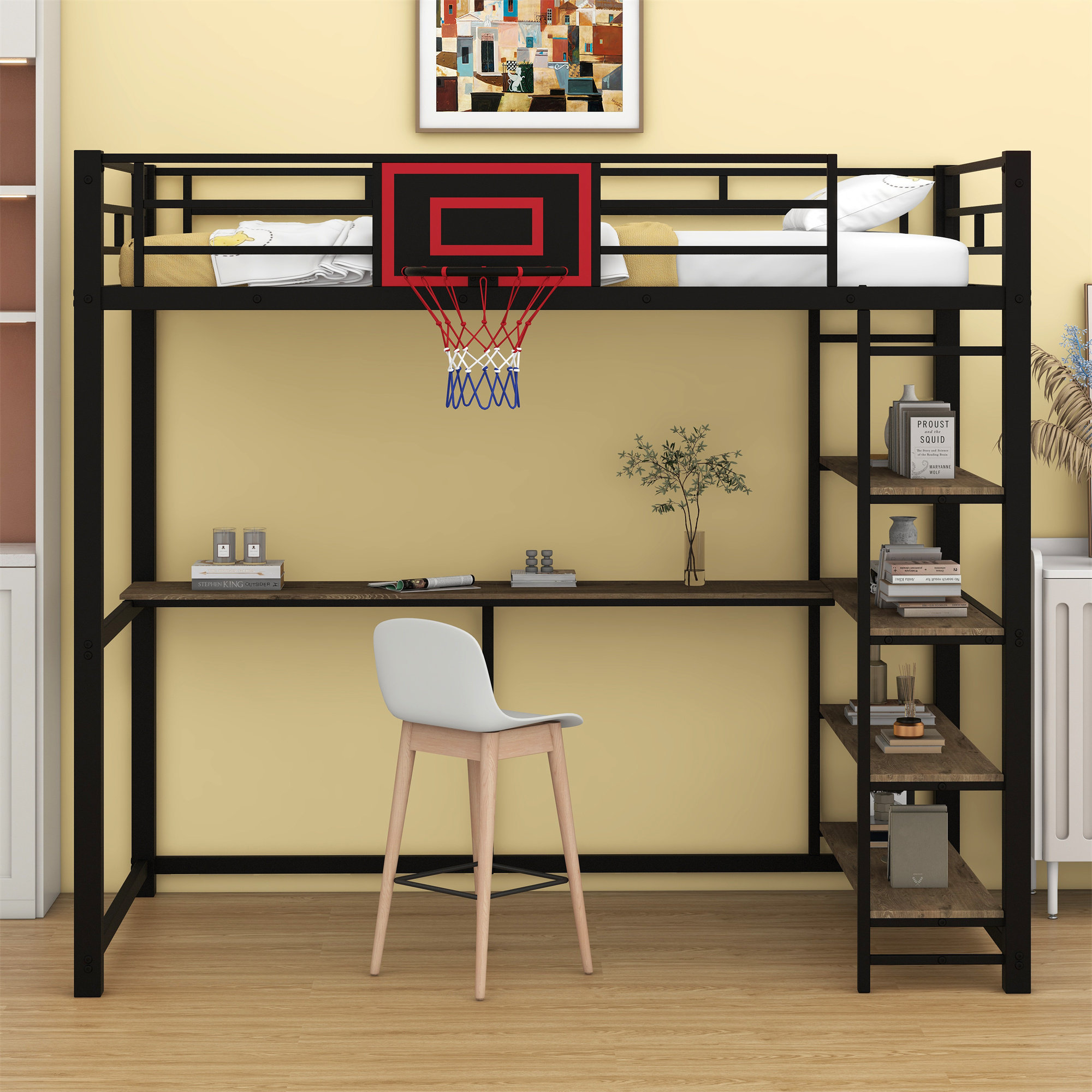 Mason & Marbles Metal Loft Bed With Shelves, Desk And Basketball Hoop ...