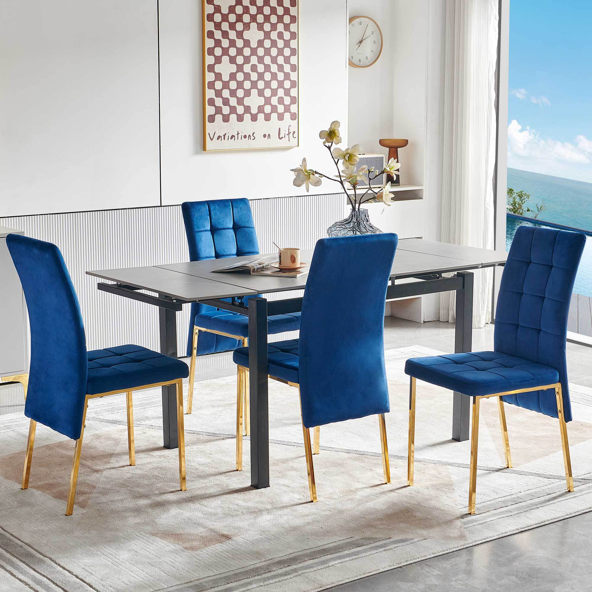 Mercer41 -piece Retractable Gray Ceramic Table Dining Set With Blue ...