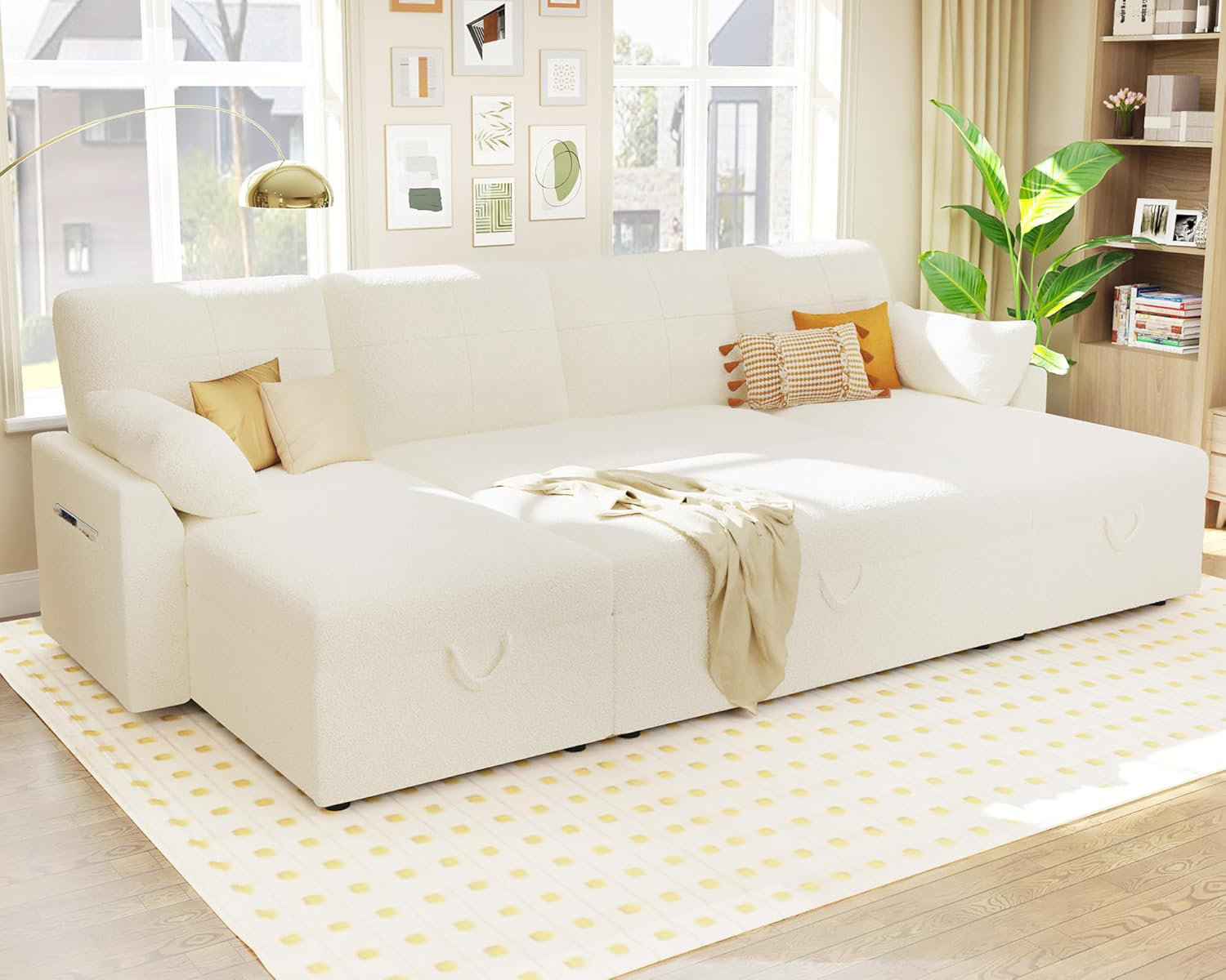 Hokku Designs 110'' Oversized Sleeper Sofa With Chaise - White Boucle ...