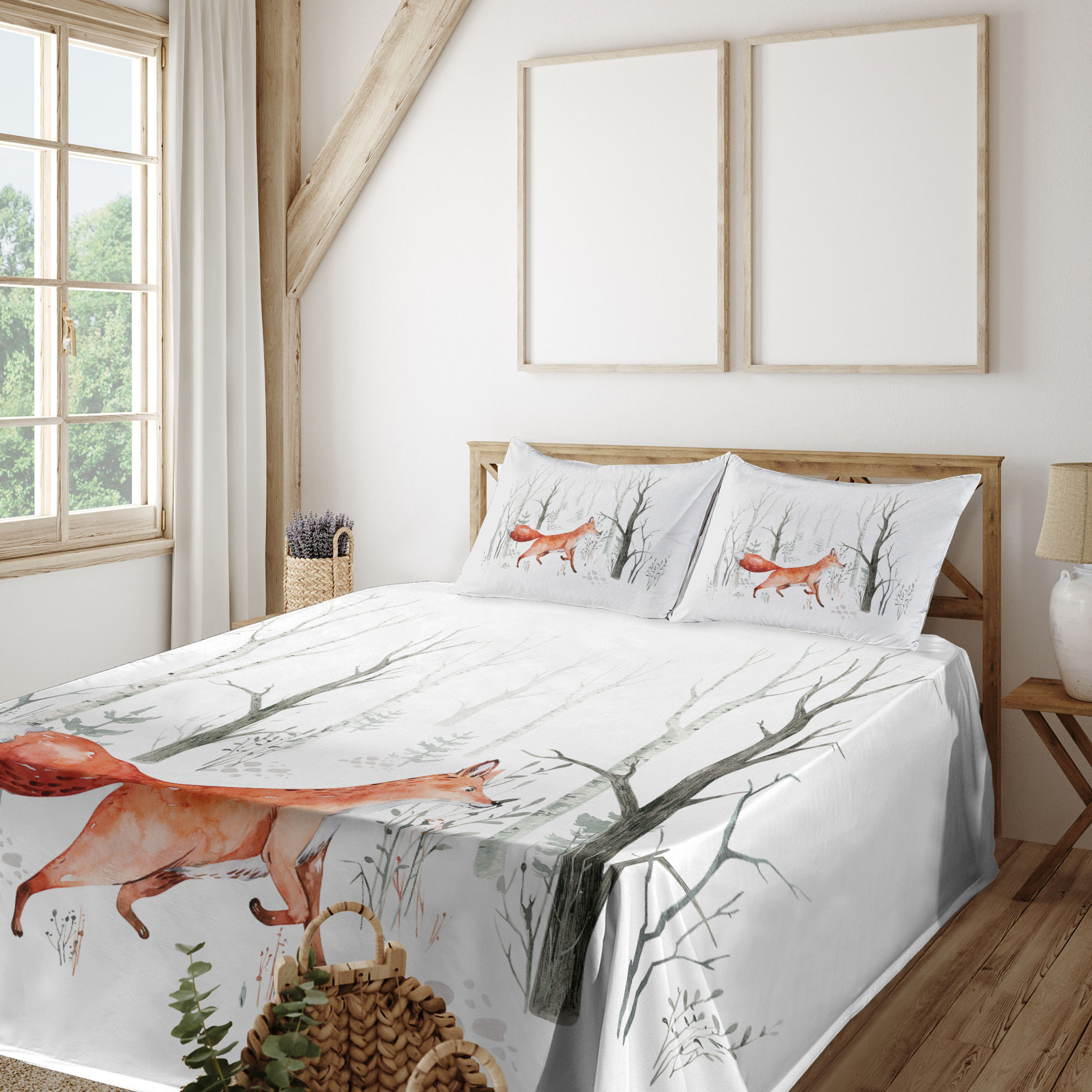 Ambesonne Wolf Sheet Set Animal Forest Trees Watercolor Orange and Dark ...