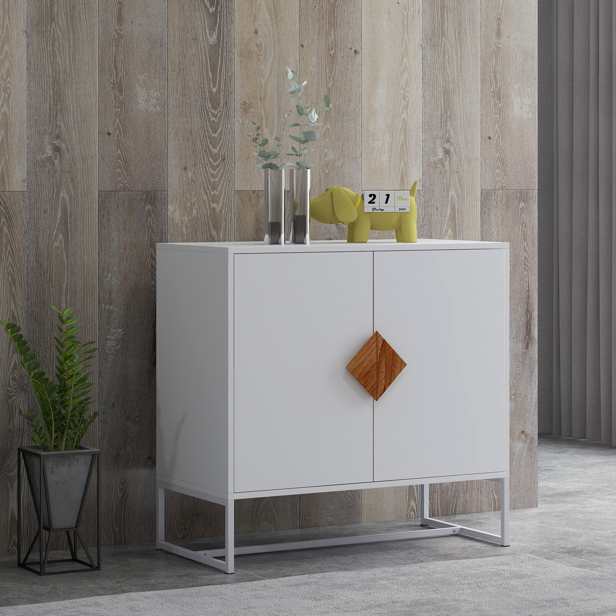 Ebern Designs Solid Wood Square Shape Handle 2 Doors Sideboard | Wayfair
