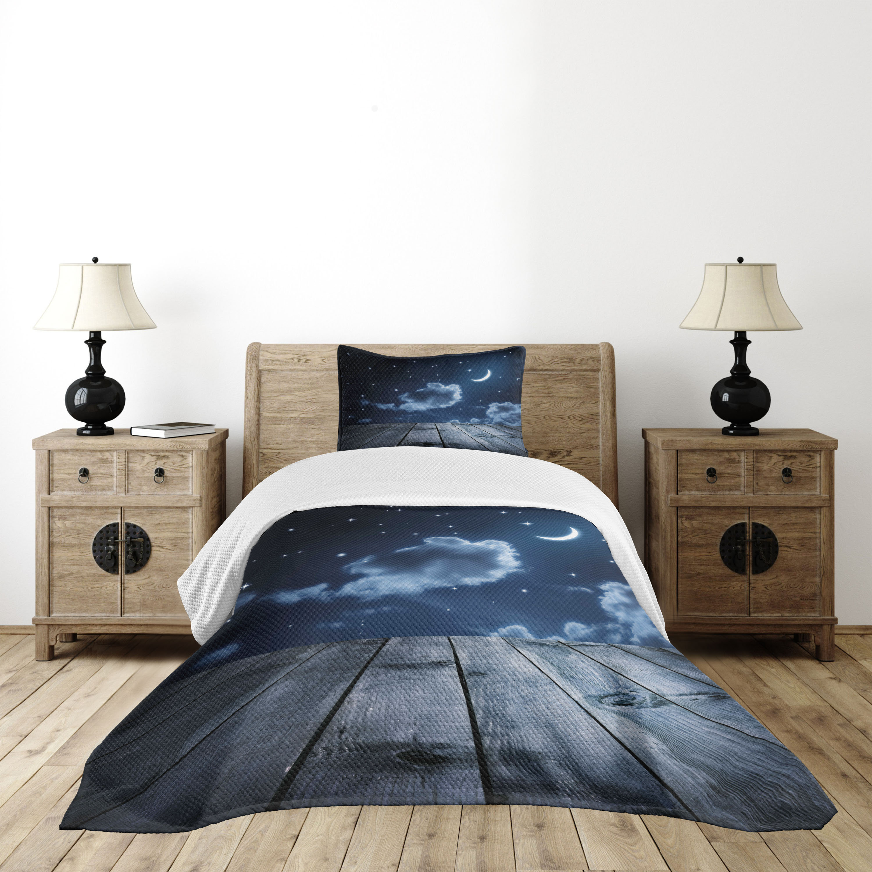 Ambesonne Dark Blue Bedspread Set Vivid Night Sky Wood Dark Blue White ...