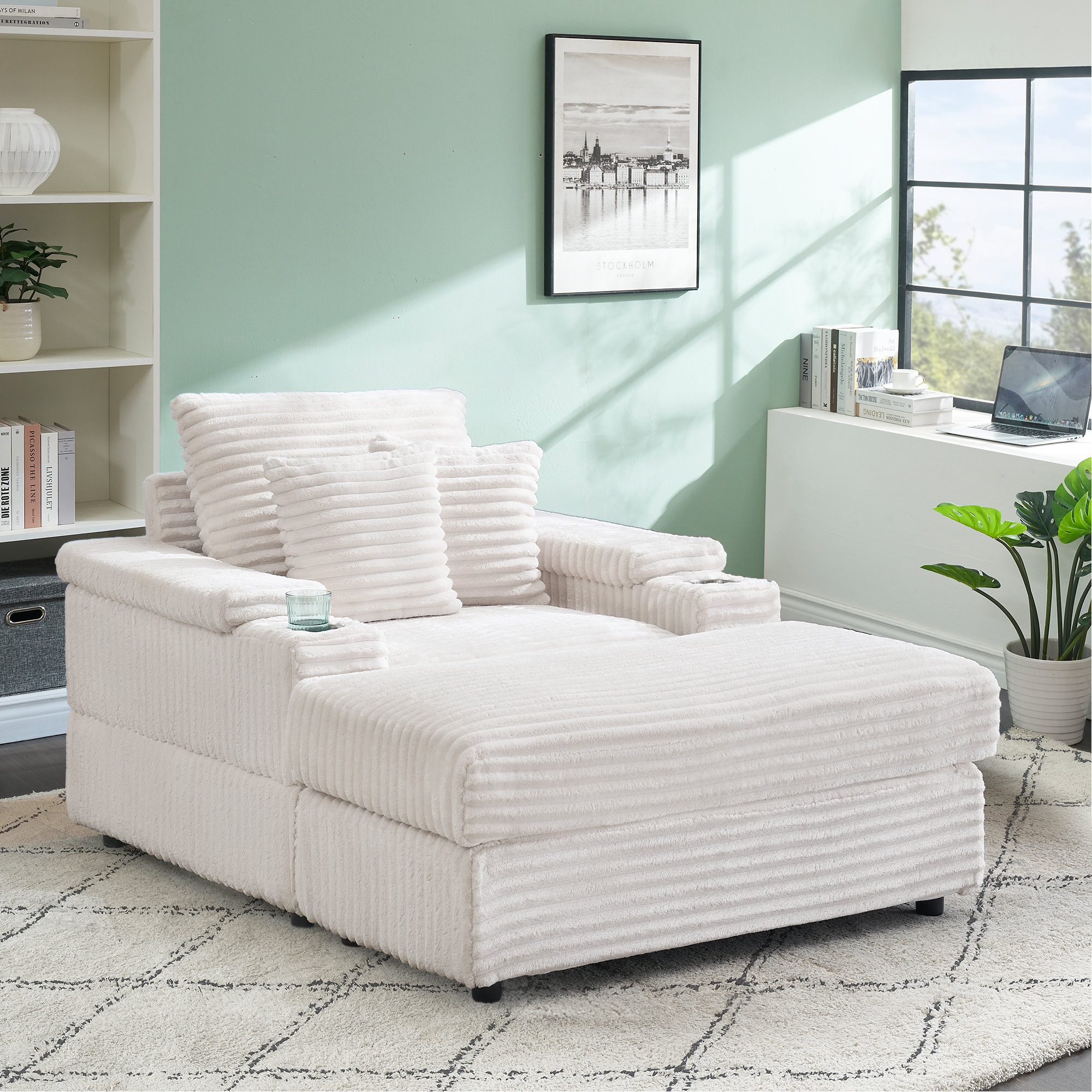 Mercer41 Izeyah 44"W Corduroy Chaise Lounge Sofa Chair with Cup Holders ...