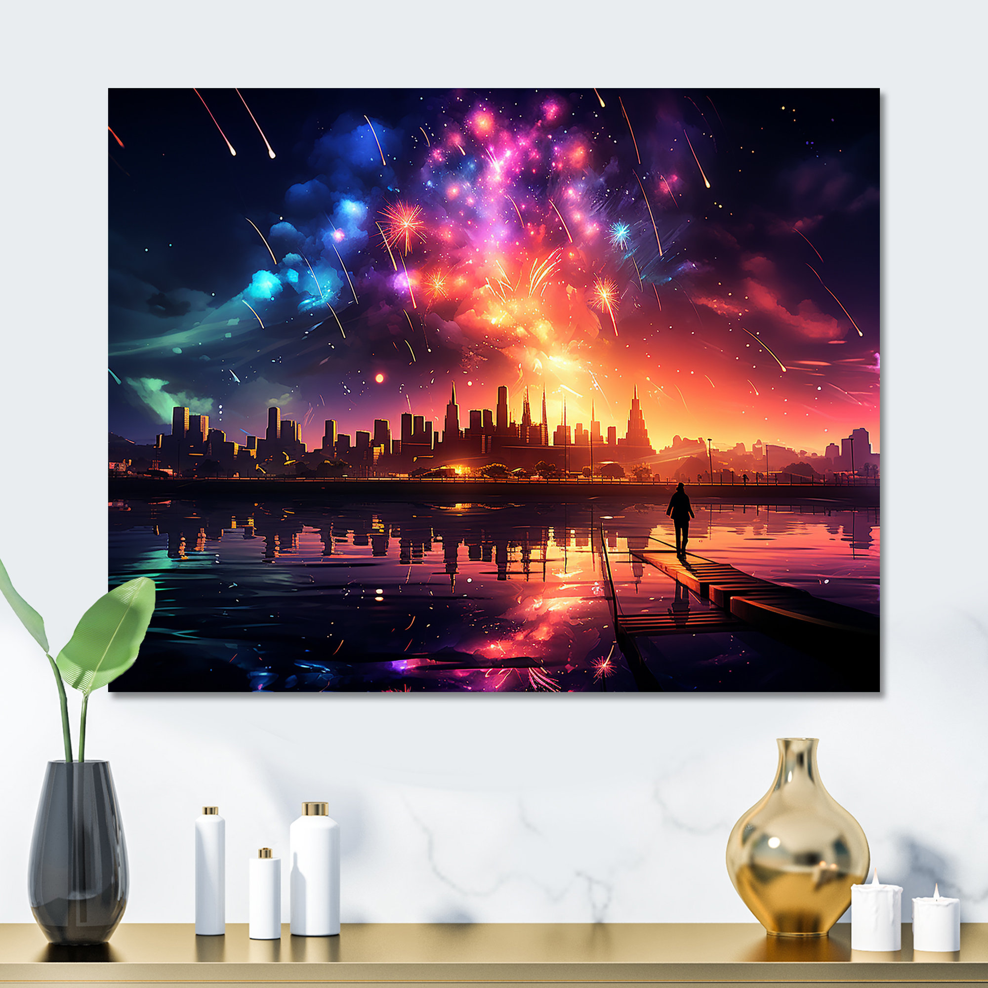Lark Manor™ Colorful Fireworks Above The City At Night I - Fireworks ...