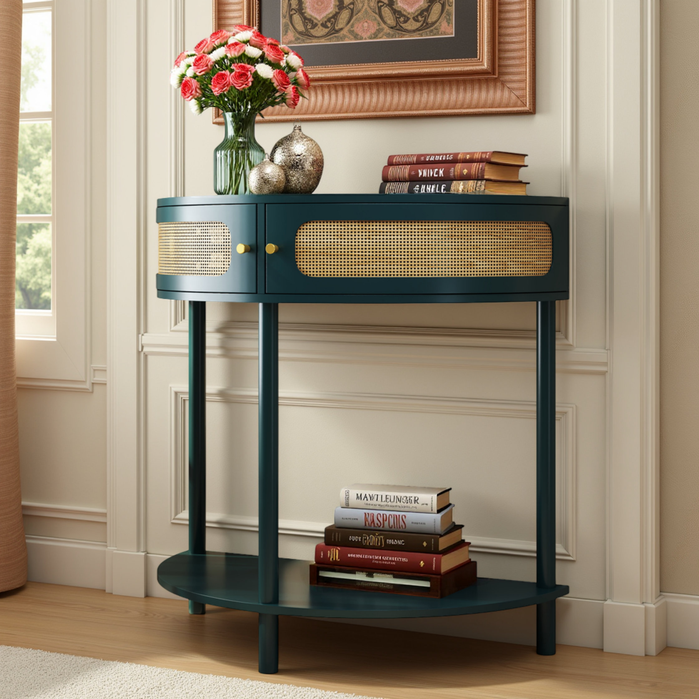 Bay Isle Home™ Console Table with Handwoven Rattan Drawers & Bottom ...