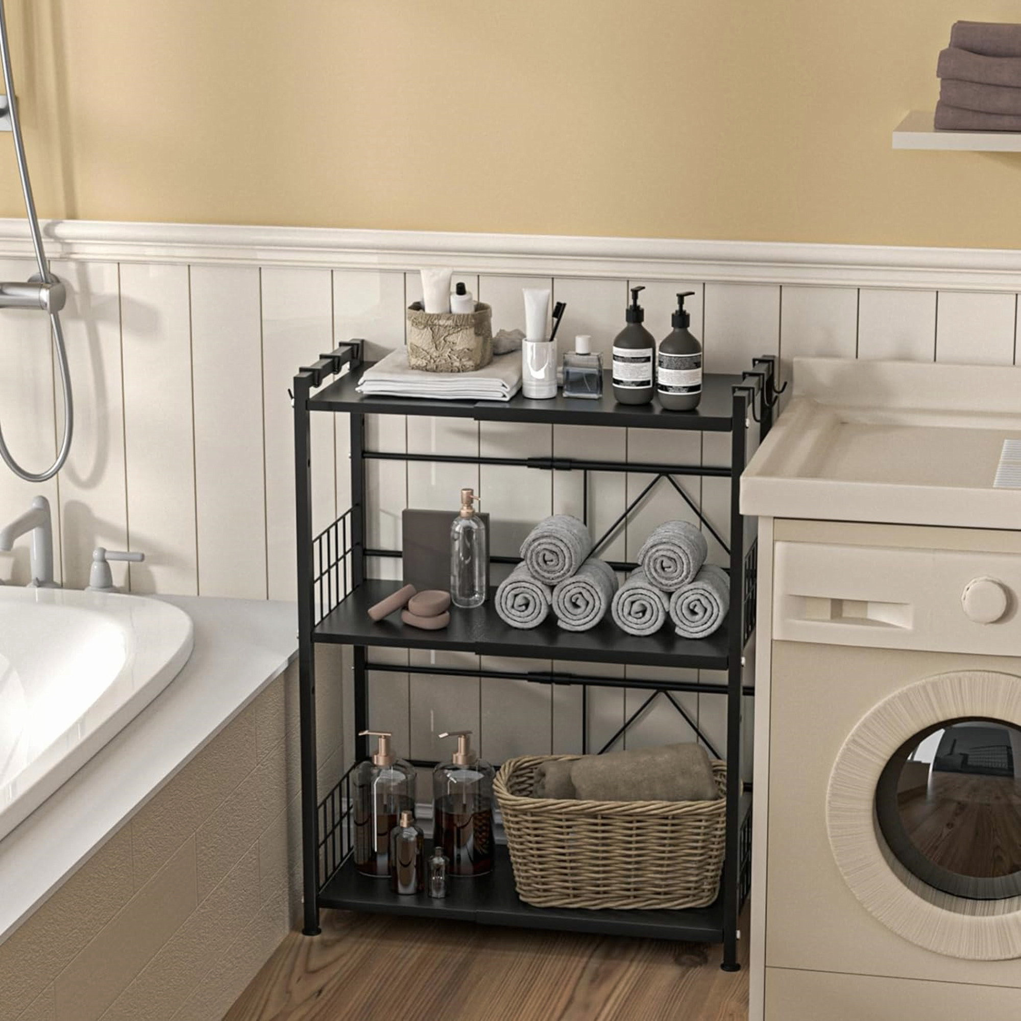 17 Stories Slim Storage Shelf, 3-Tier Metal Shelving Unit With 6 Hooks ...