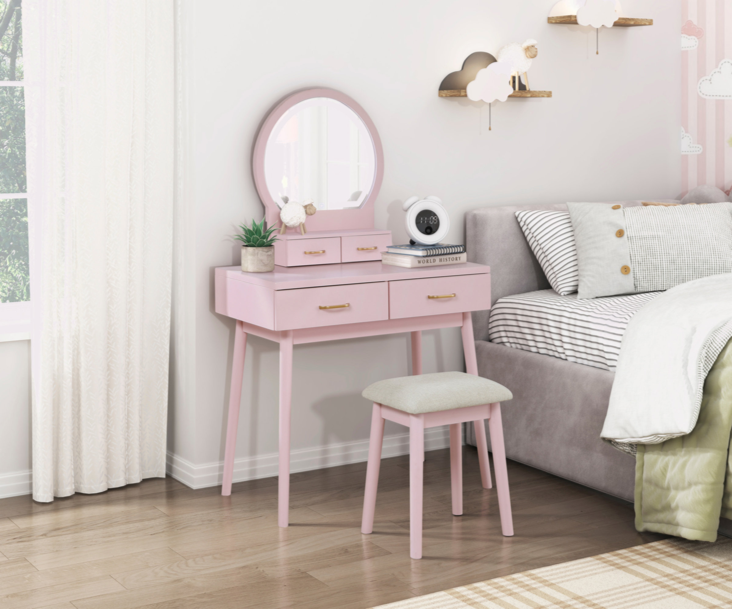Corrigan Studio Beautiful Pink Finish Vanity Dresser With Mirror And ...