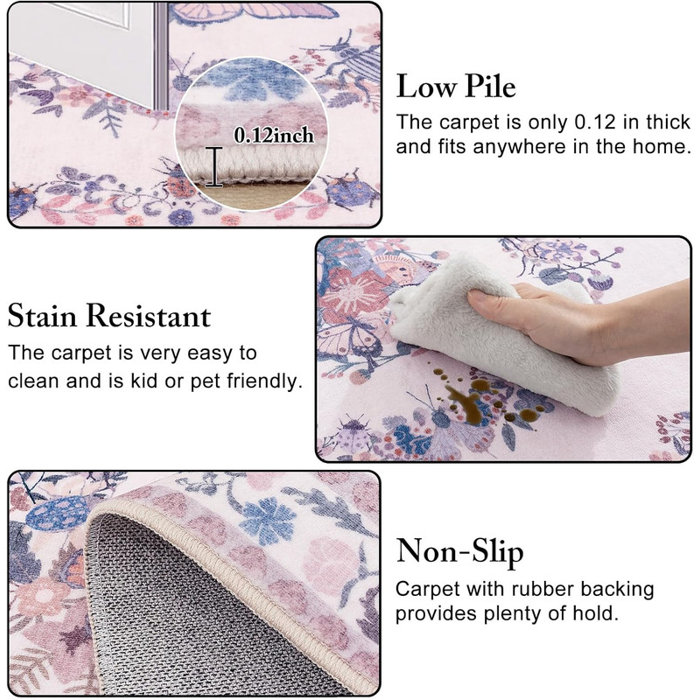 August Grove® Washable Area Rug Pink Butterfly Soft Accent Carpet ...
