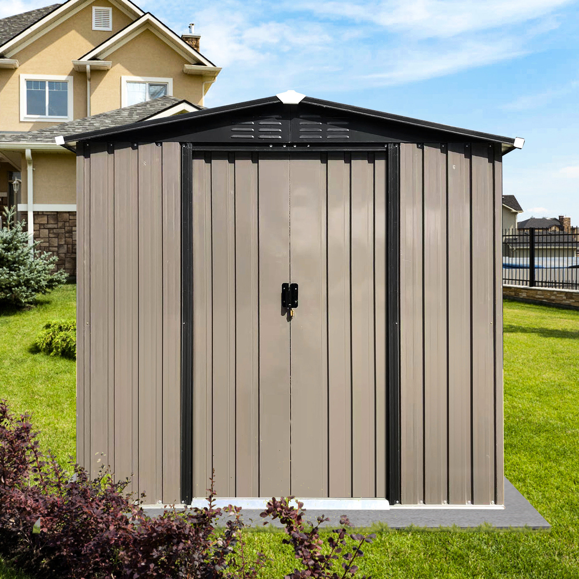 BalmyBoulevard Brown Apex Roof Metal Shed 4Ftx6ft With Sliding Door ...