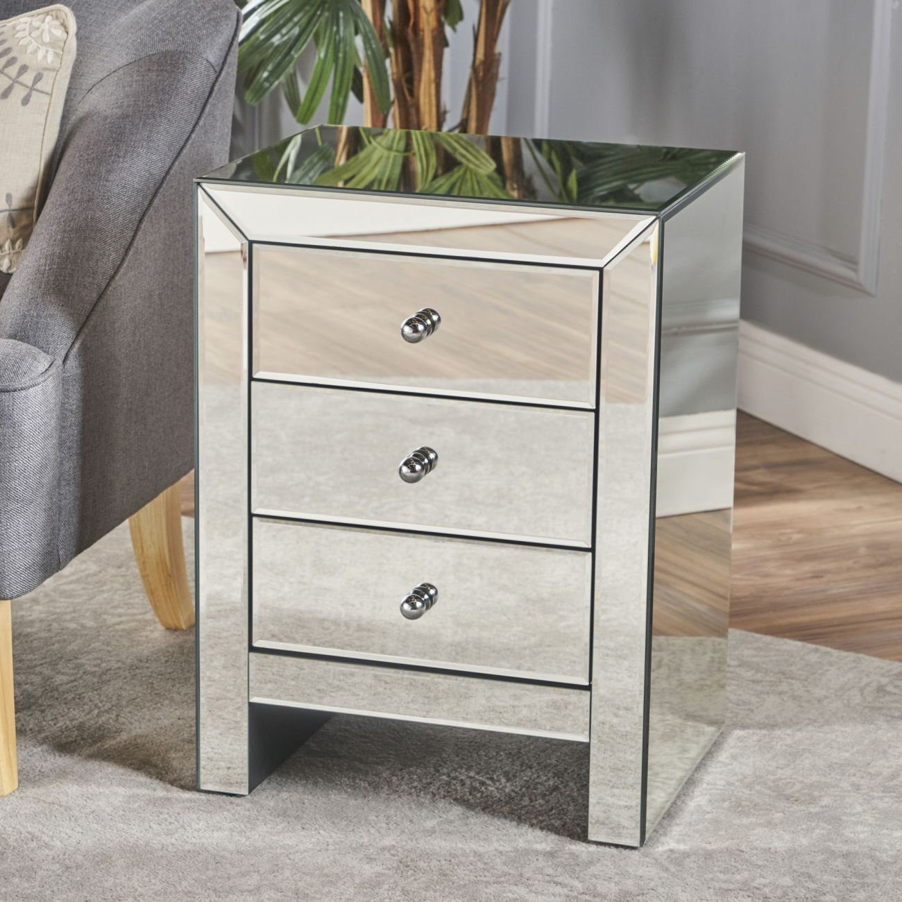 Mercer41 17.70'' Mirrored Nightstand Glass Nightstand With 3 Drawers ...