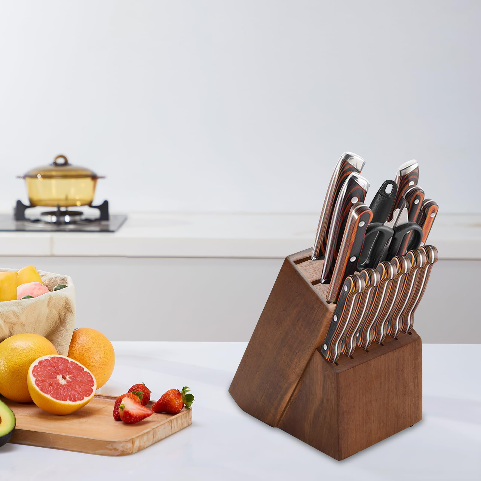 HUDSON & ASHTON LLC Wooden Universal Kitchen Knife Block 15 Piece Knife ...