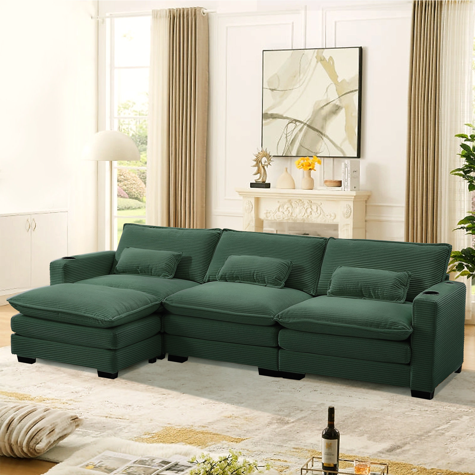 Latitude Run® 3 Seats Corduroy Modular Sofa With Cup Holders,Cushions ...