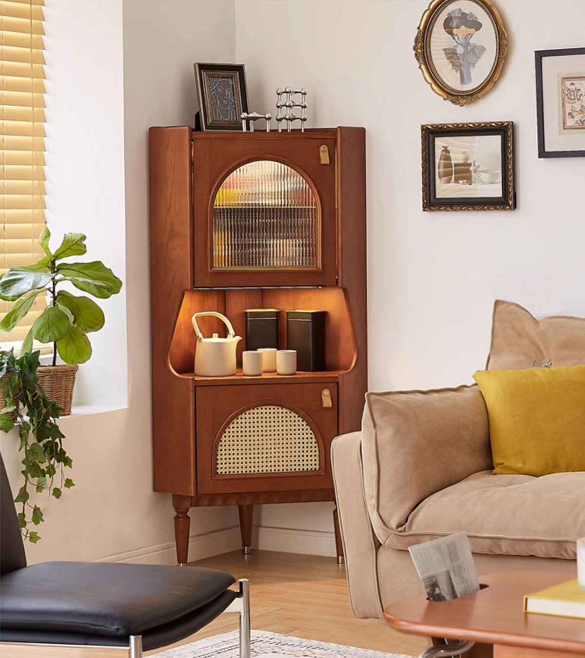 VICABY Vintage Sideboard, Rustic Solid Wood Rattan Triangular Cabinet ...