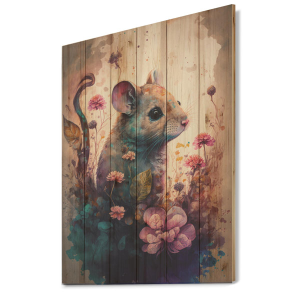 Red Barrel Studio® Cute Mouse Floral Art On Wood Print | Wayfair