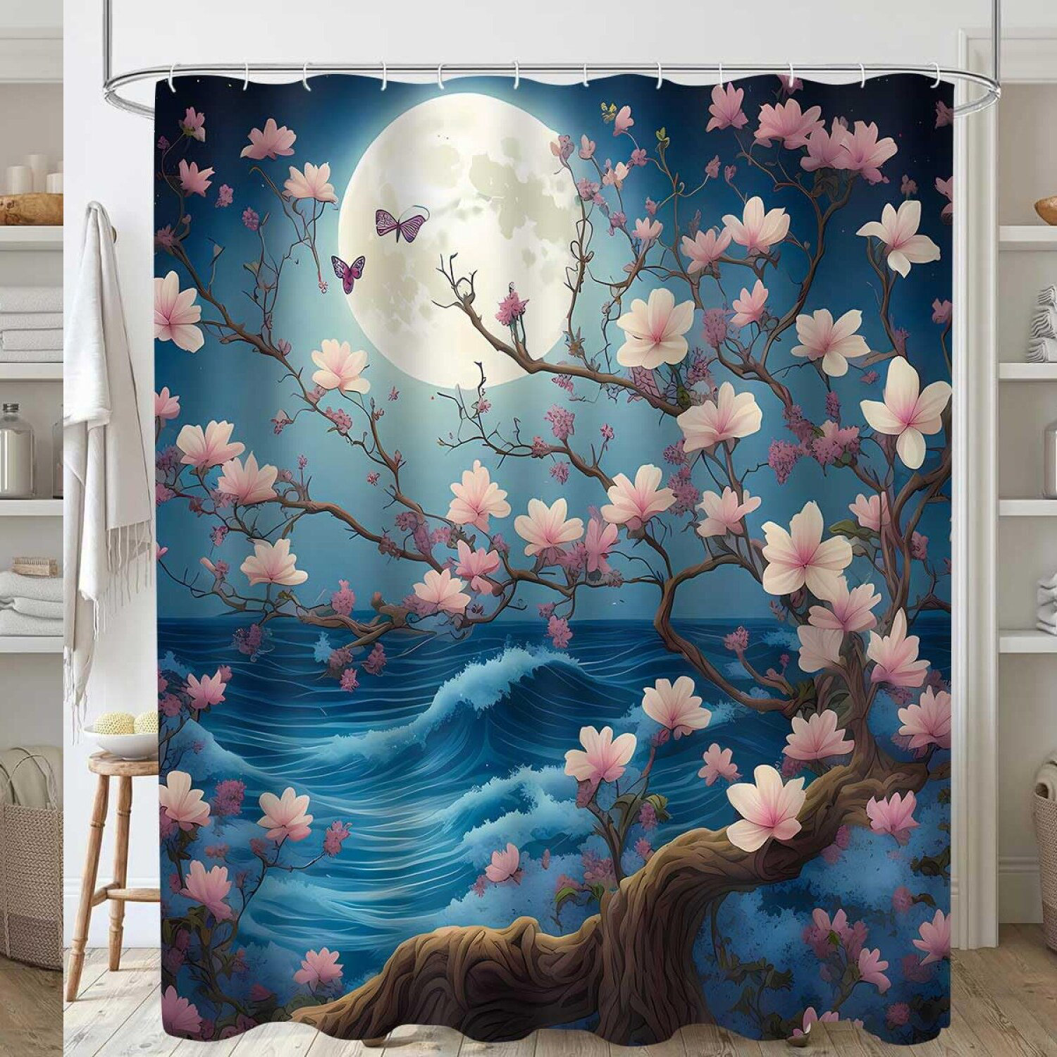 Everly Quinn Cherry Blossom Ocean Wave Shower Curtain - 72x72 Washable ...