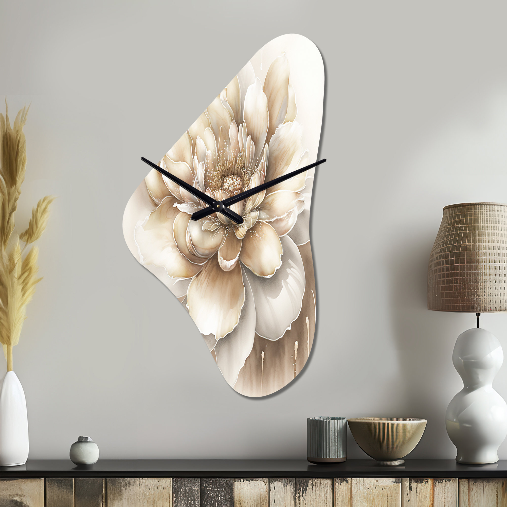Design Art Single Beige Flower II - Boomerang Shape Beige Wall Clock ...