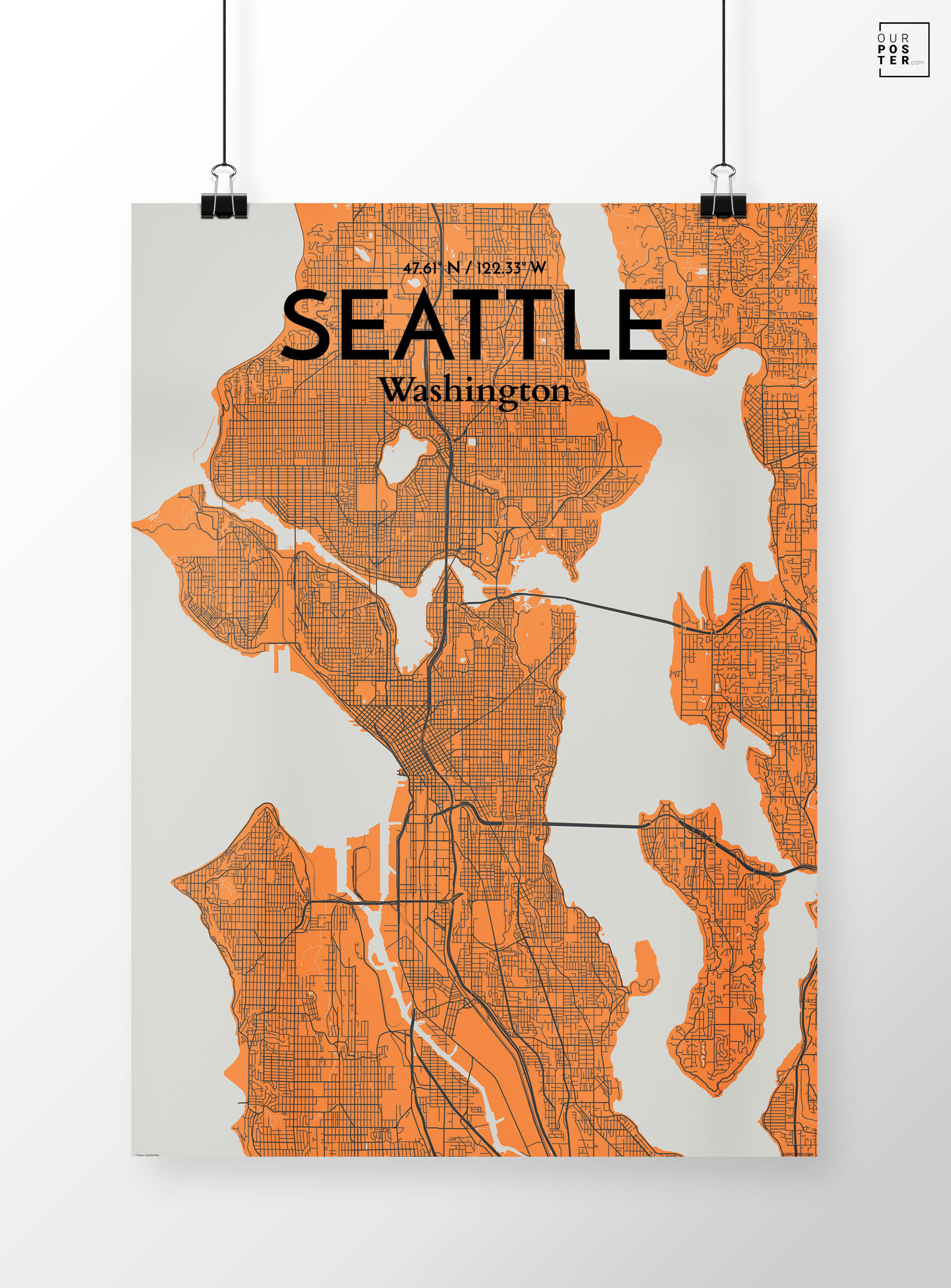 OurPoster.com 'Seattle City Map' Graphic Art Print Poster in Grey ...
