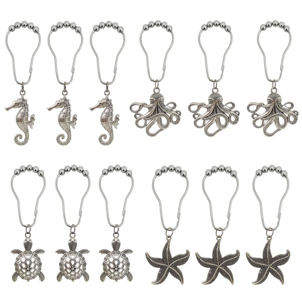 OUMIKEJI Rust Proof Shower Curtain Hangers Set Of 12, Silver Starfish ...