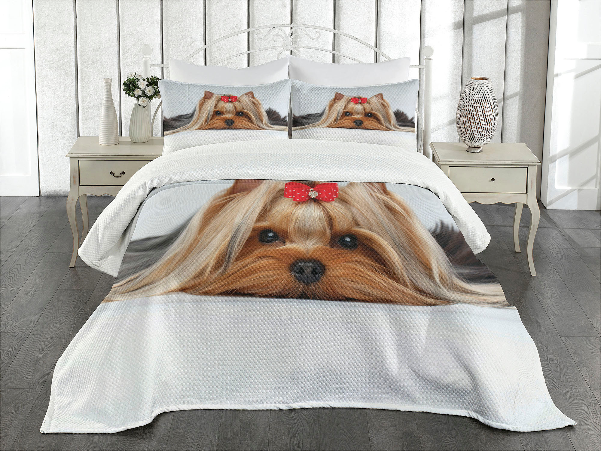Ambesonne Yorkie Bedspread Set 3 Pcs Lying Dog Ribbon Love Queen Pale ...