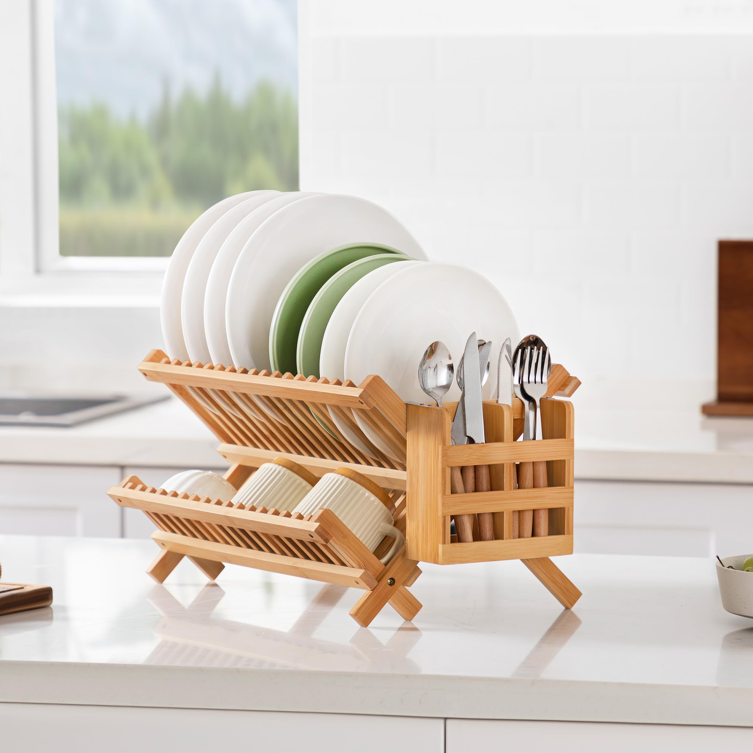 chuangyanUS Bamboo Dish Drying Rack With Utensil Holder, 2 Tier ...
