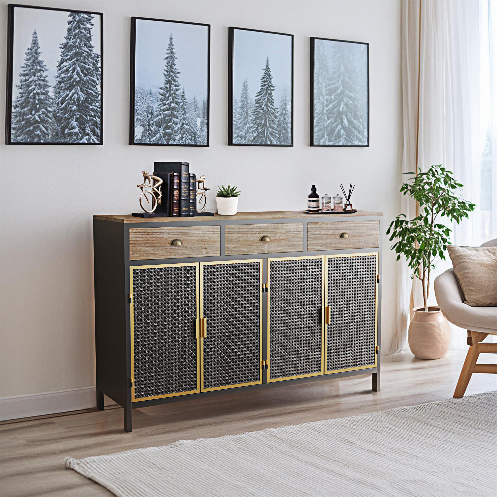 Mercer41 Nelia Modern Sideboard with 3 Top Drawers, Freestanding ...