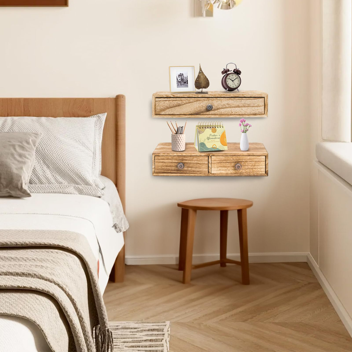 Latitude Run® 2 Packs Floating Nightstand With Drawer - Rustic Wood ...