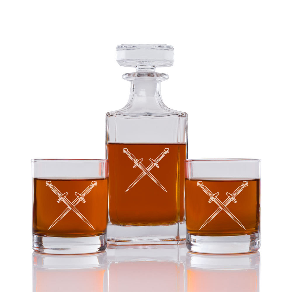 World Menagerie Cross Swords Engraved 3 Piece Whiskey Decanter Set ...