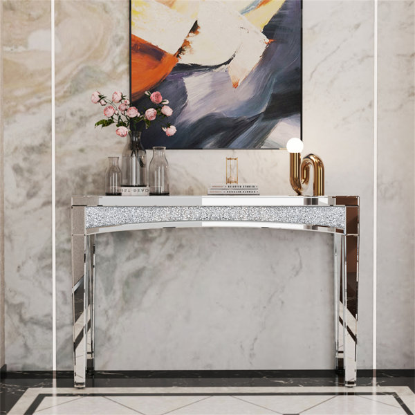 Canora Grey Luxury Mirrored Glass Crushed Diamond Console Table Hallway ...