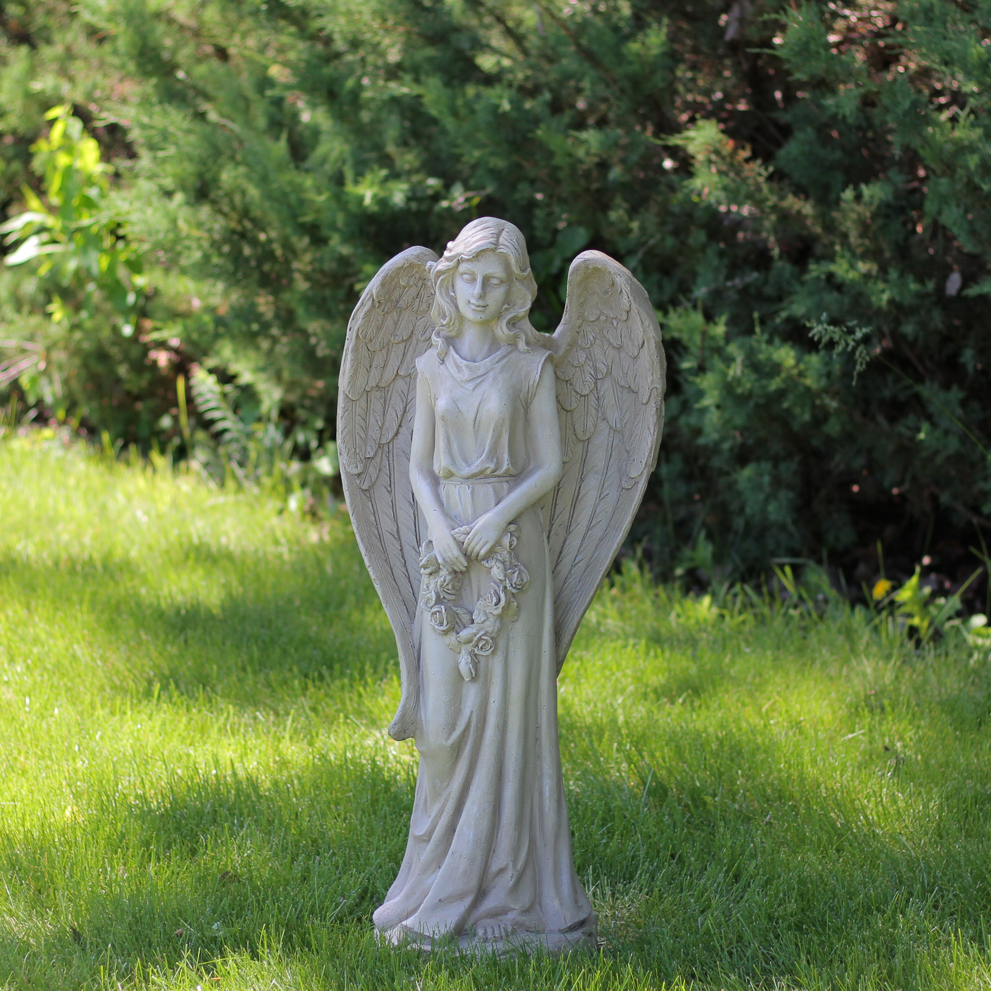 Northlight Seasonal 32" Serene Angel Holding A Floral Wreath Outdoor ...