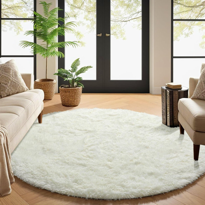 Mercer41 Cream White Round Area Rug,5X5 Feet, Small Fluffy Shaggy ...