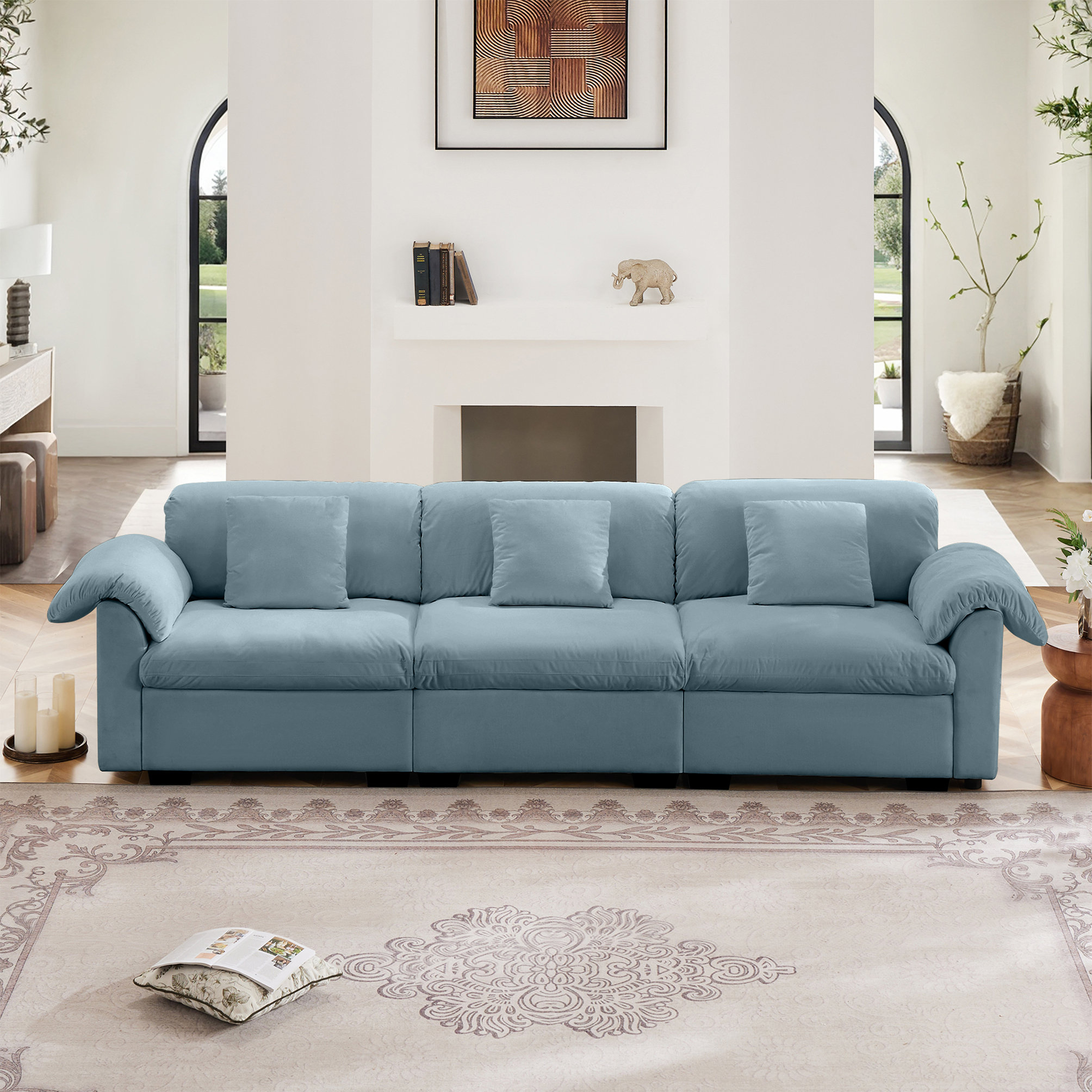 KAQCVIN Extra Large 3 - Seat Velvet Sofa With Storage Function Under ...