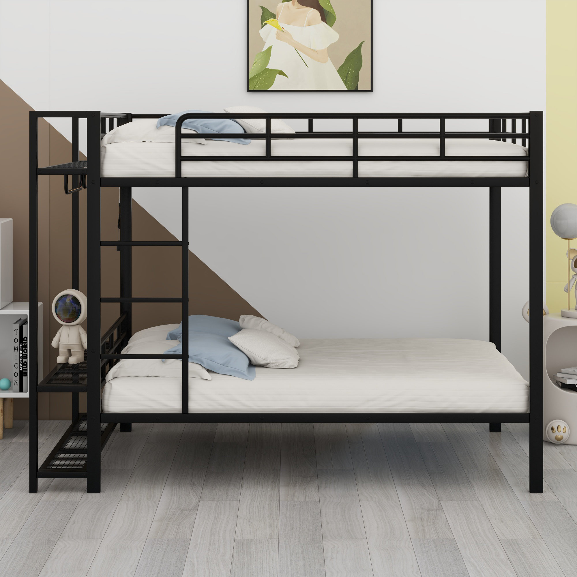 Ivy Bronx Metal Bunk Bed With Storage Mesh Shelves And Clothes Hooks ...