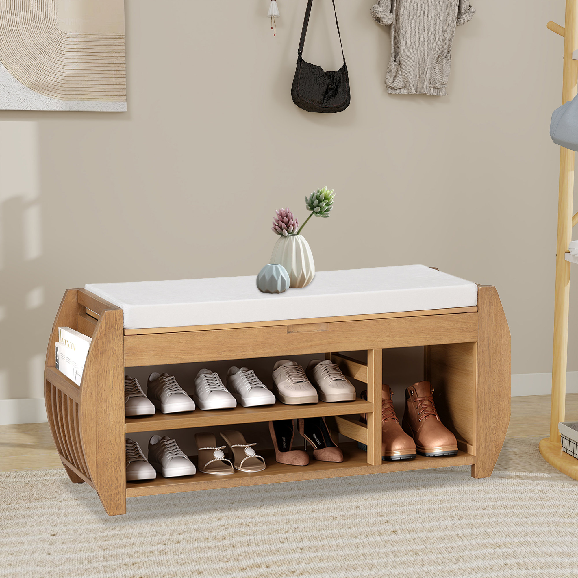 Lark Manor Retro Wide Wooden Bench With Cushion And Storage - Wayfair ...