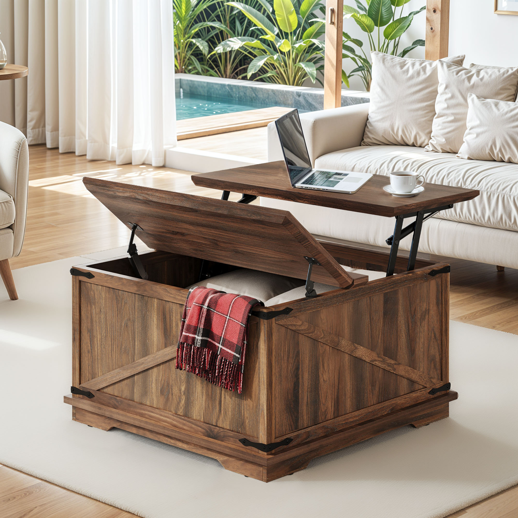 Gracie Oaks Functional Lift Top Coffee Table with Height-Adjustable Top ...